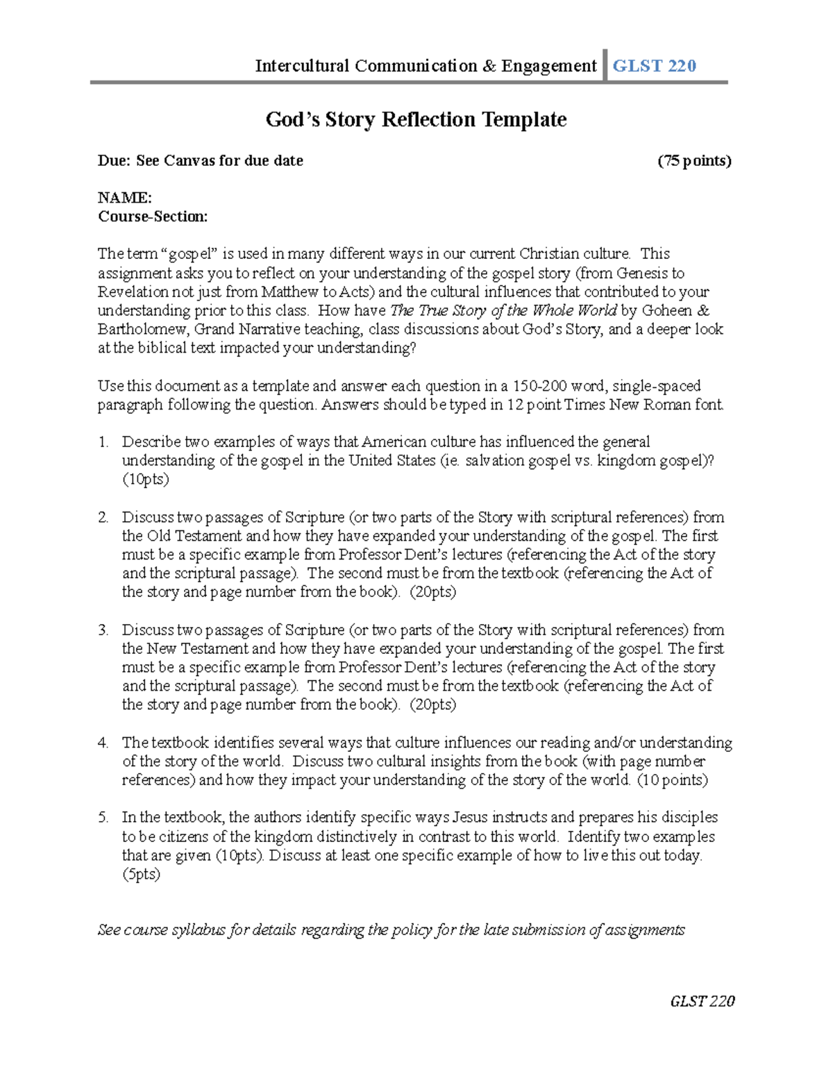 GLST 220 God's Story Reflection Template - Intercultural Communication ...