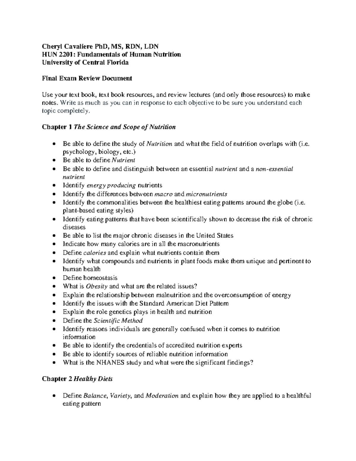 Final Exam Study Guide - Cheryl Cavaliere PhD, MS, RDN, LDN HUN 2201 ...