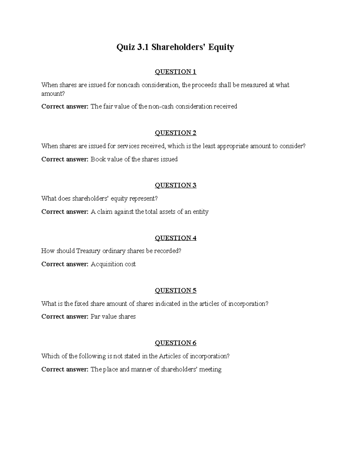 INTERMEDIATE ACCOUNTING 3 Quiz 3.1 Shareholders' Equity - Quiz 3 ...