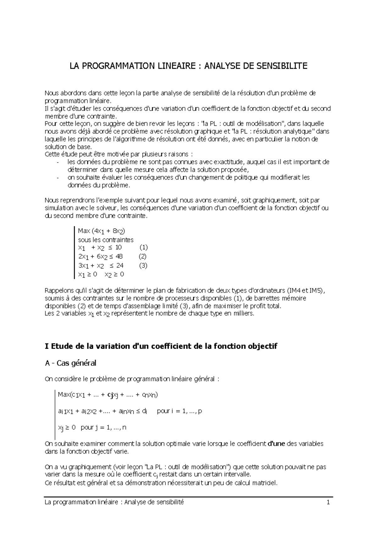 LA Programmation Lineaire Analyse DE Sensibilite - LA PROGRAMMATION ...