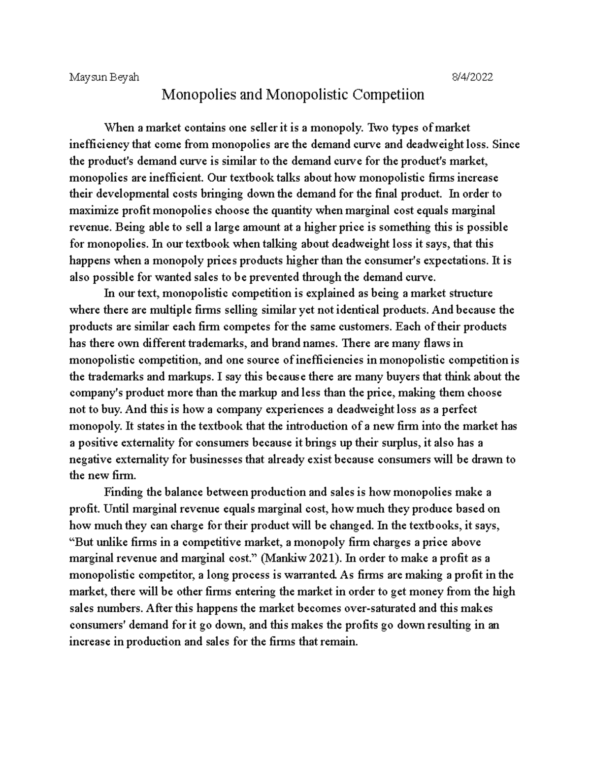 Monopolies and Monopolistic Competiion - Maysun Beyah 8/4/ Monopolies ...