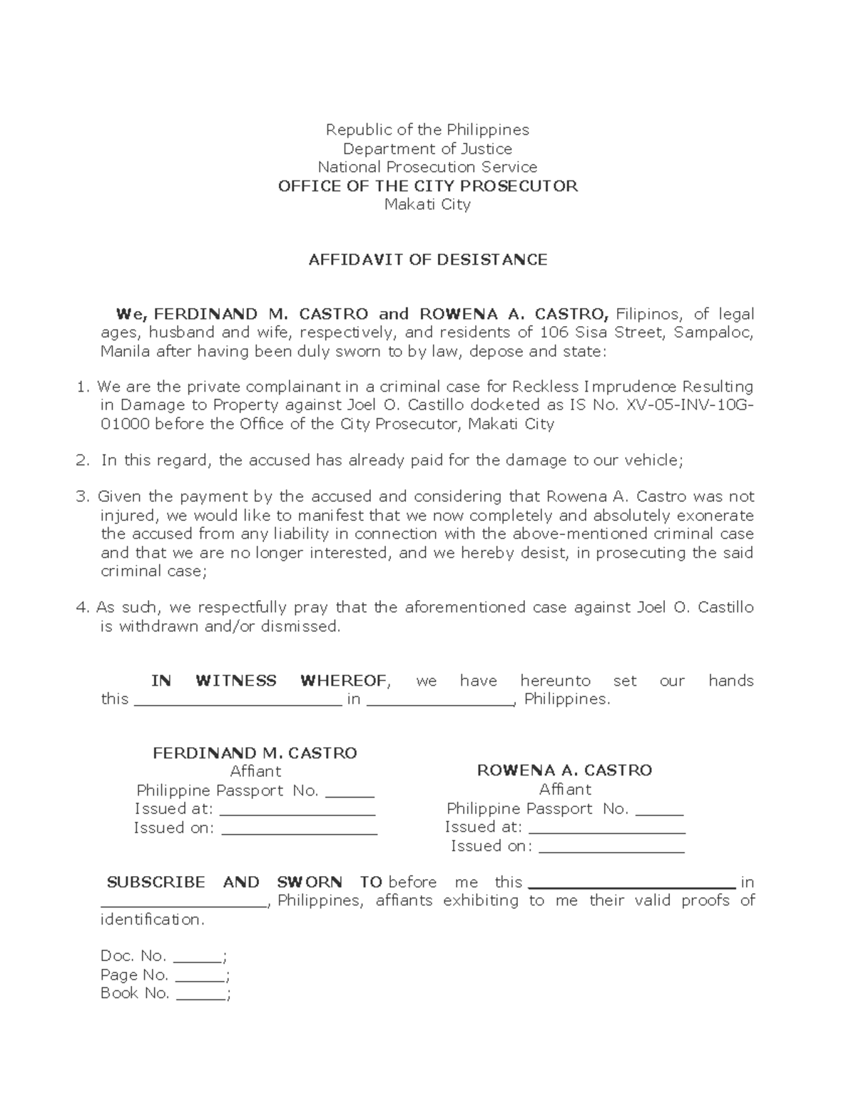 Affidavit-of-Desistance - Republic of the Philippines Department of ...