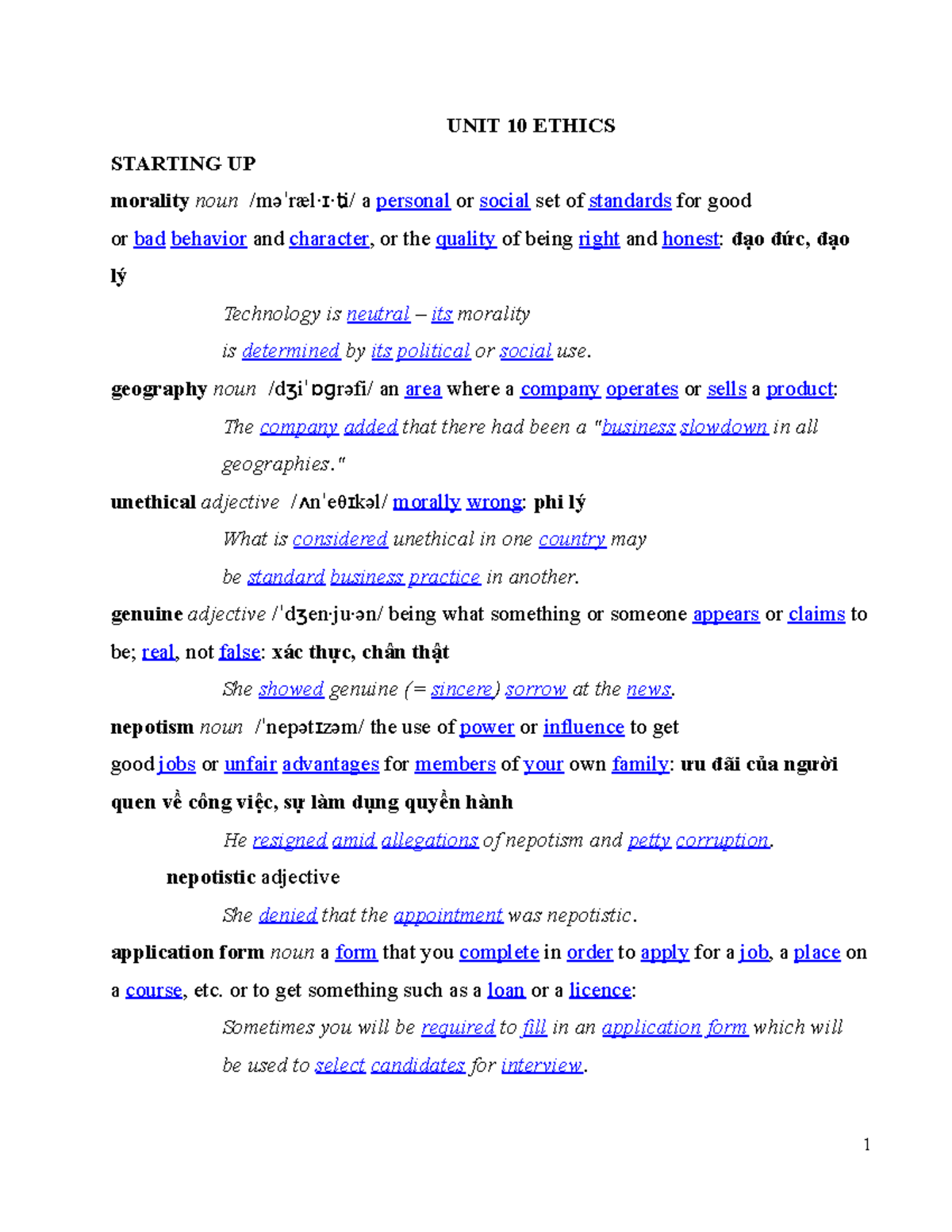 UNIT 10 Ethics - Nice file - UNIT 10 ETHICS STARTING UP morality noun ...