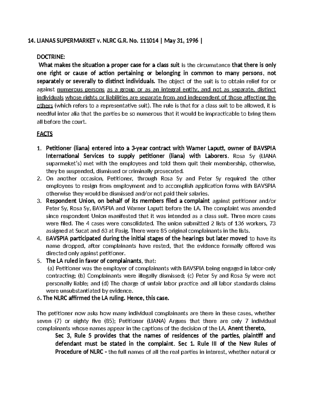 14. Liana Supermarket VS. NLRC - LIANAS SUPERMARKET v. NLRC G. No ...
