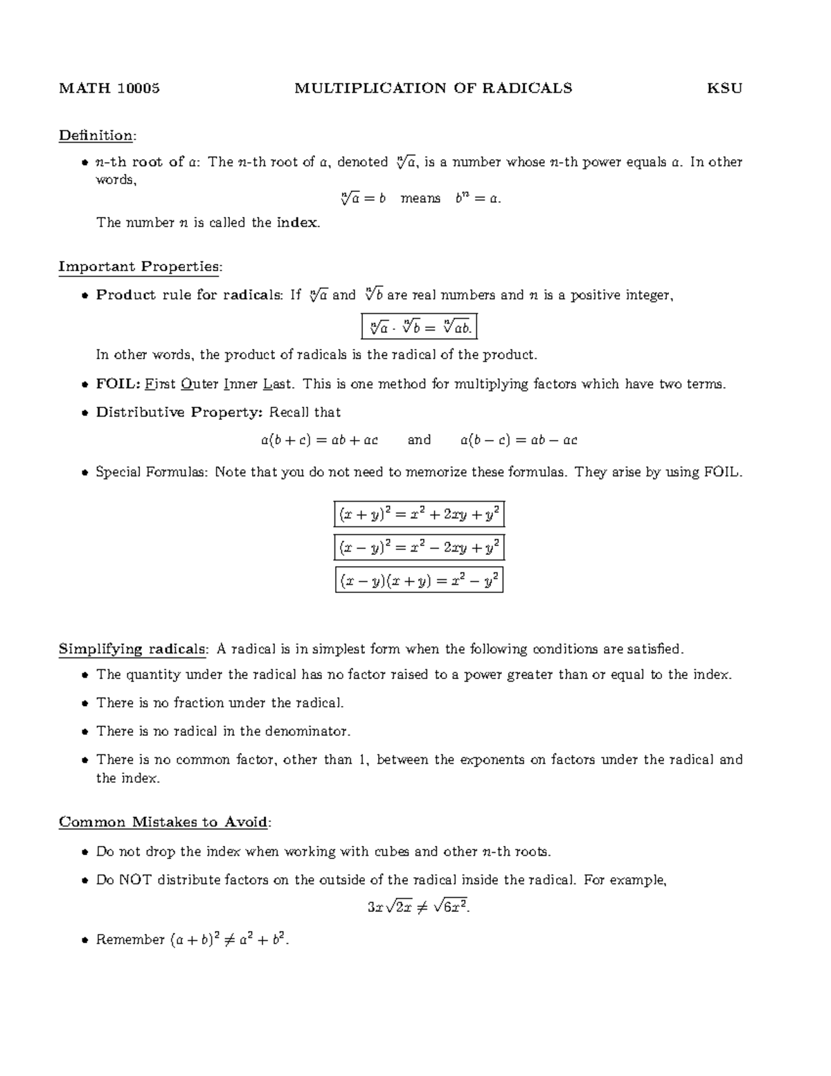 Multiplying Radicals - MATH 10005 MULTIPLICATION OF RADICALS KSU ...