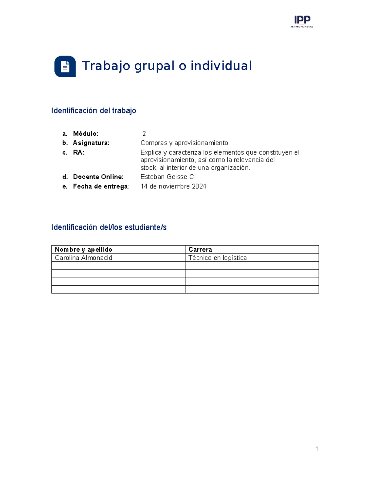Carolina Almonacid M2 compras y aprovisionamiento - Trabajo grupal o individual Identificación ...