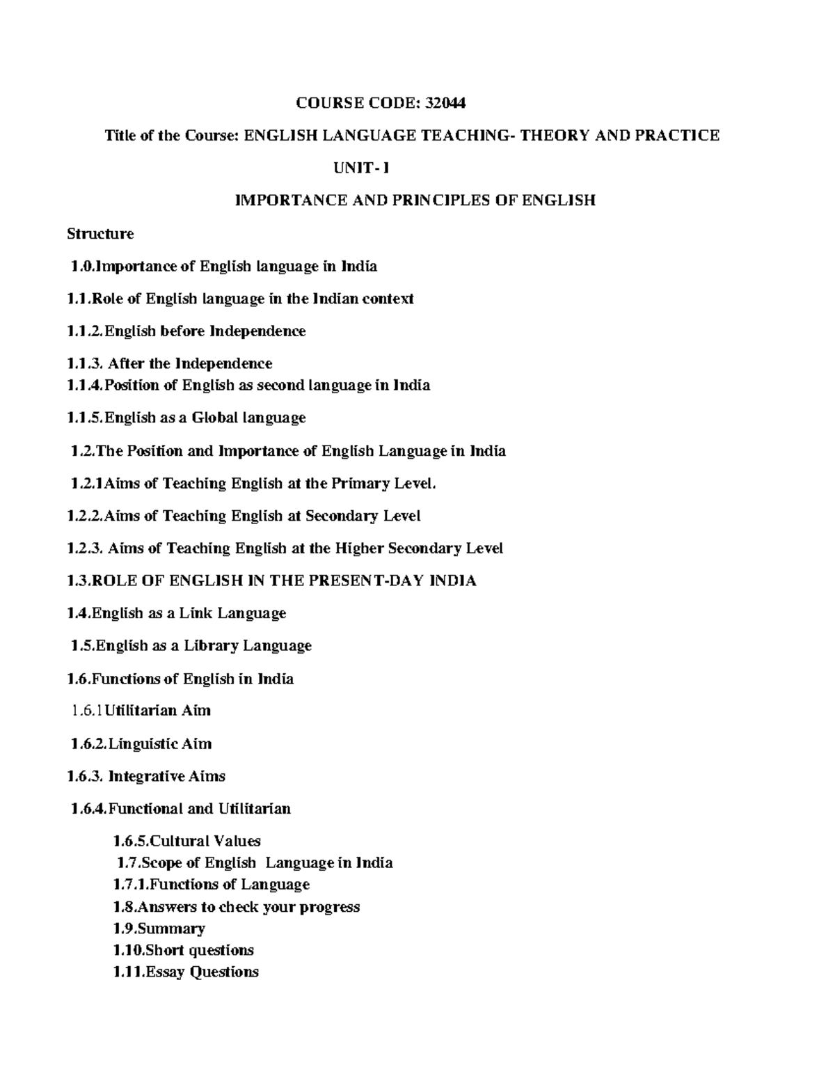 Introduction to ELT in India - COURSE CODE: 32044 Title of the Course ...