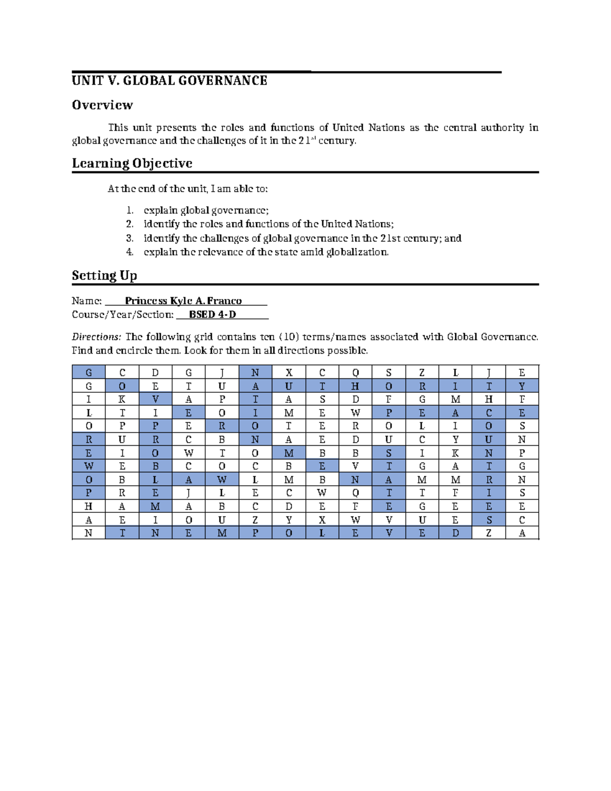 Activities-Franco-unit-5-7 gen-ed-3 - UNIT V. GLOBAL GOVERNANCE ...