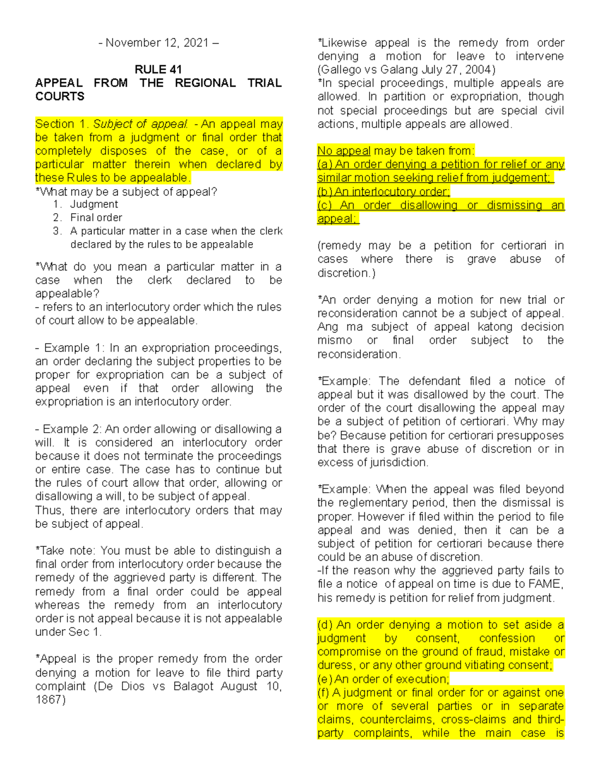 November 12 Session Remedial Law November 12 2021 RULE 41 APPEAL