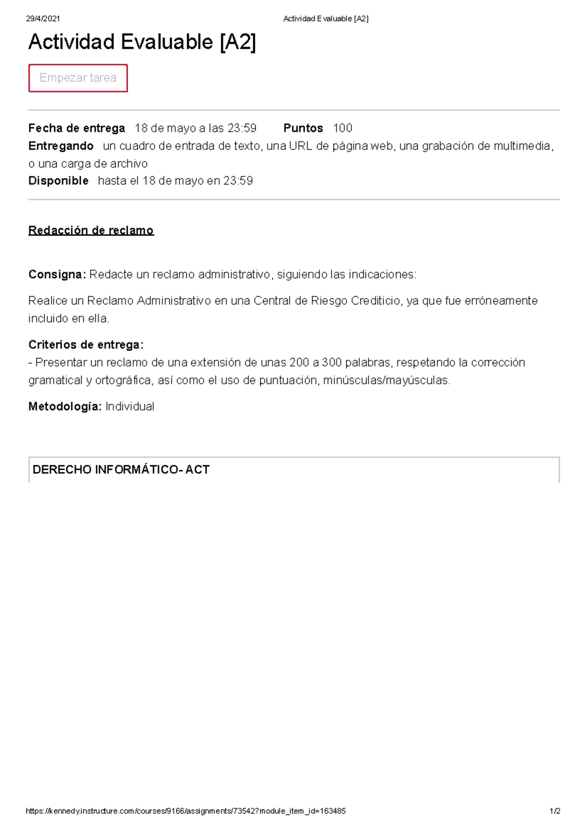 Actividad Evaluable [A2] Derecho Informatico - 29/4/2021 Actividad Evaluable [A2] - Studocu