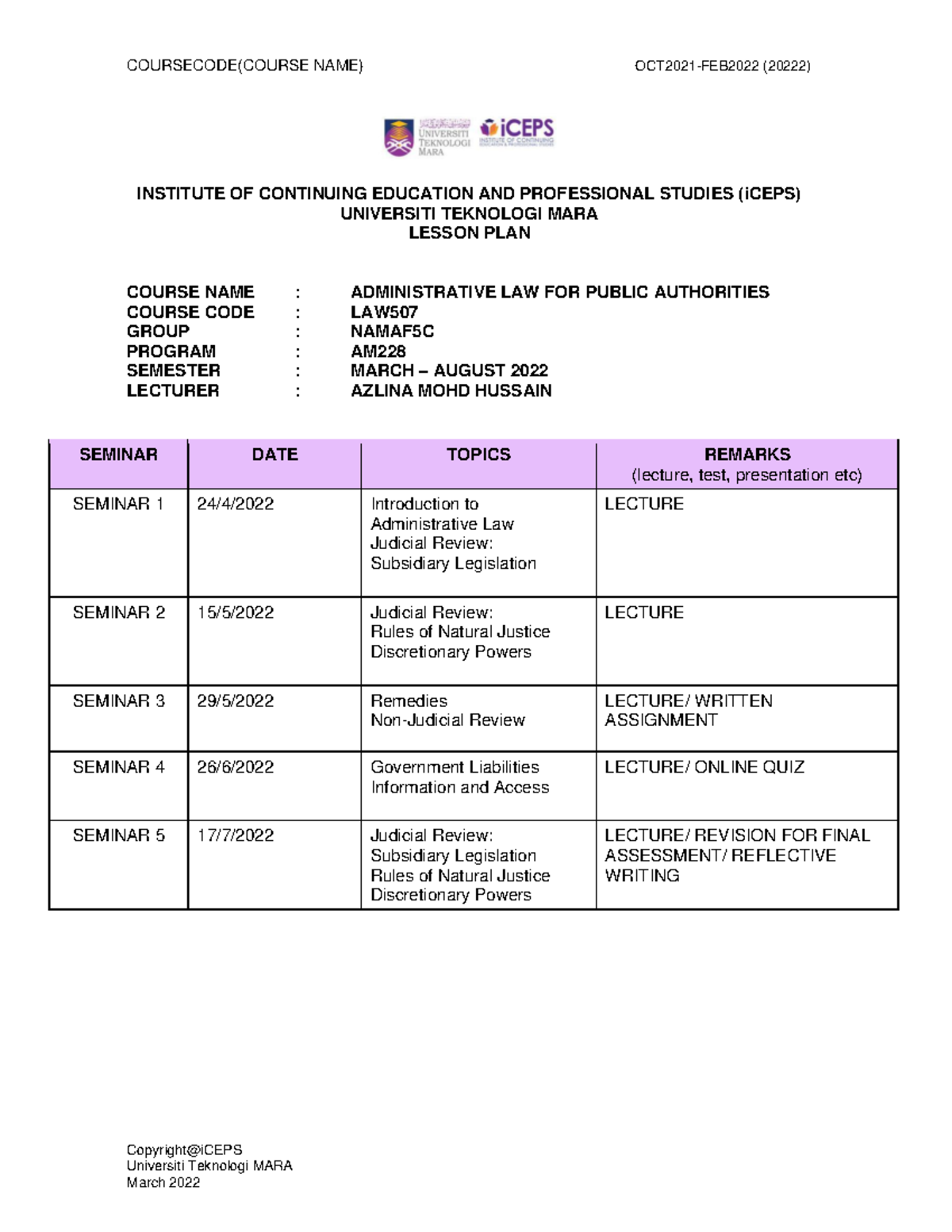 Lesson PLAN FOR SEM March- August 2022 Iceps Seminar - COURSECODE ...