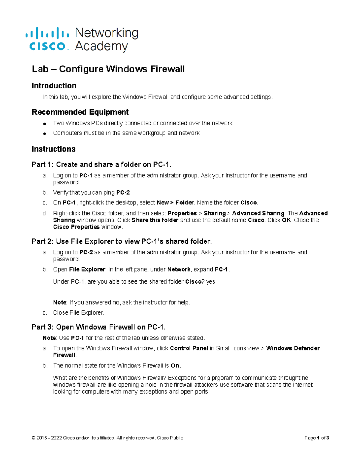 13.3.4.6 Lab - Configure Windows Firewall - Lab – Configure Windows Firewall Introduction In ...
