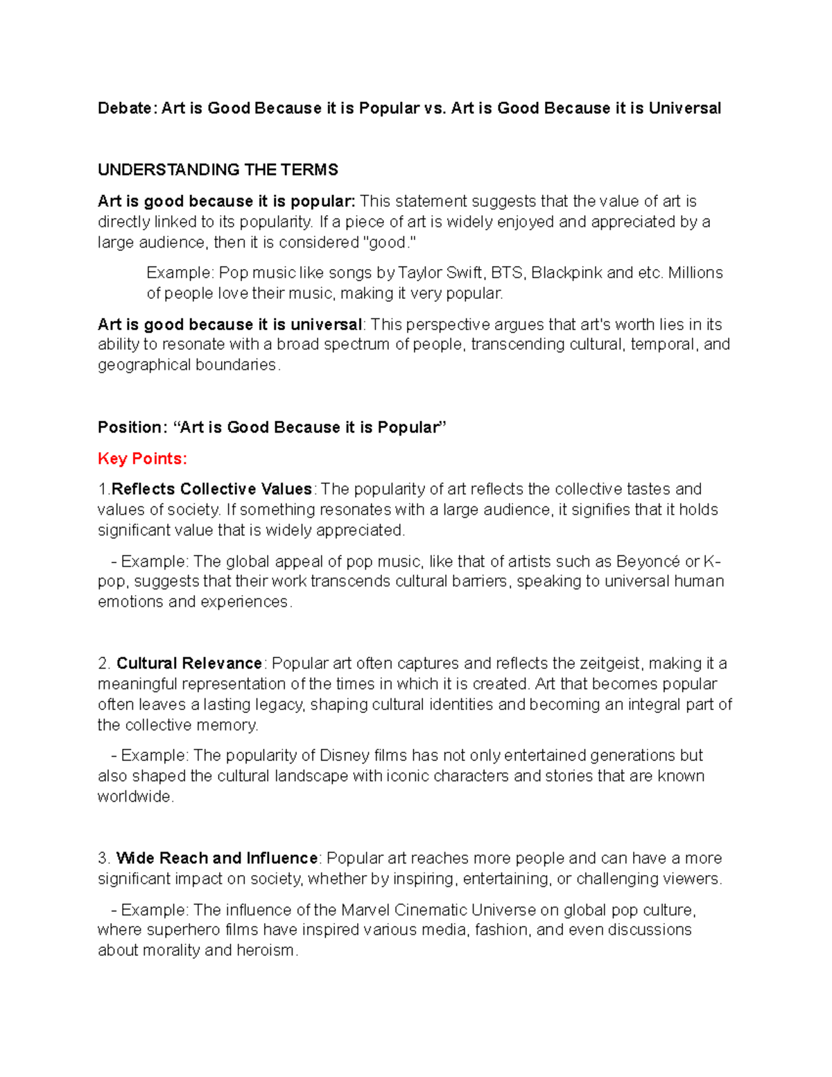 Debate - Art is Good Because it is Universal UNDERSTANDING THE TERMS ...