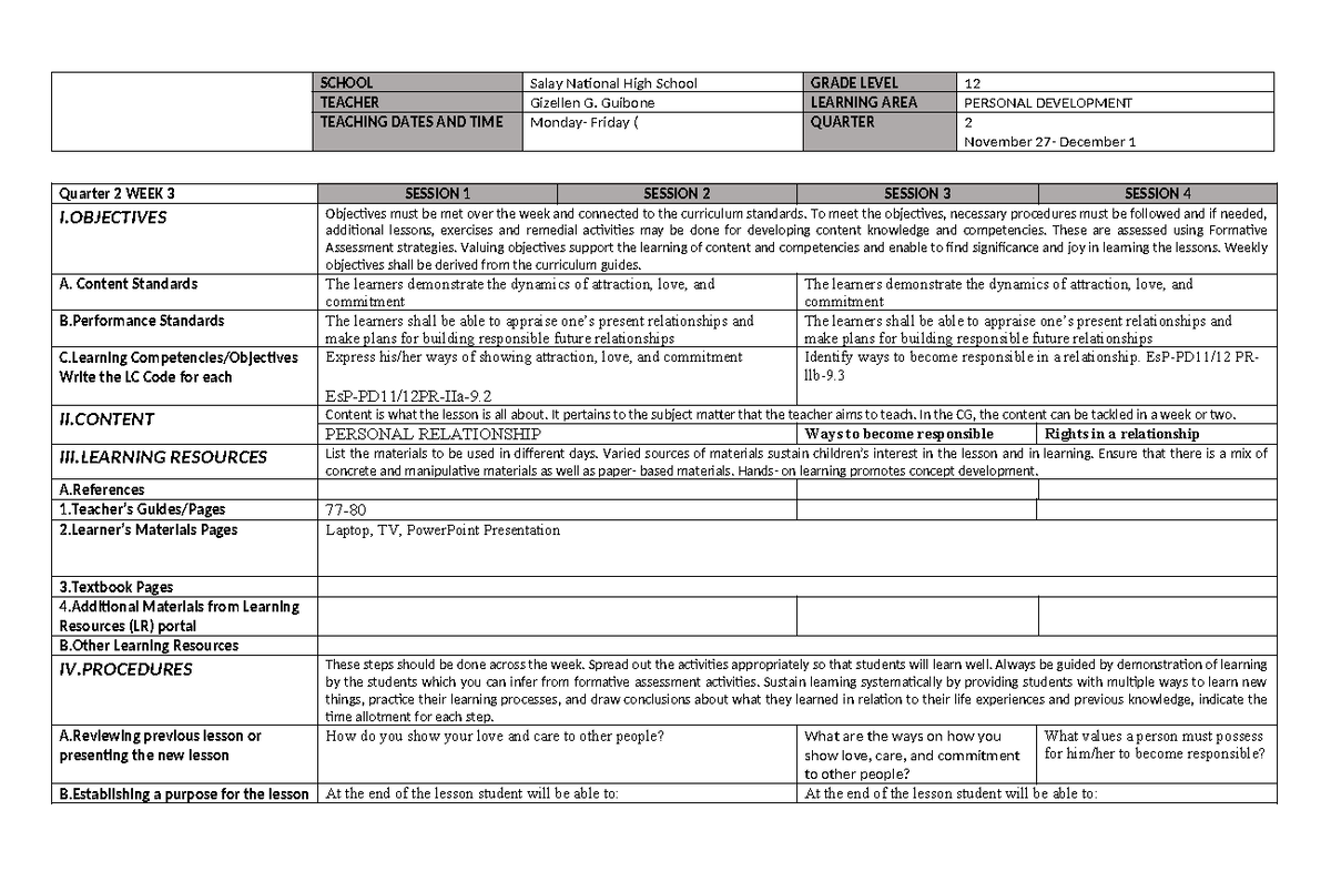 Q2W3 - daily lesson log - SCHOOL Salay National High School GRADE LEVEL ...