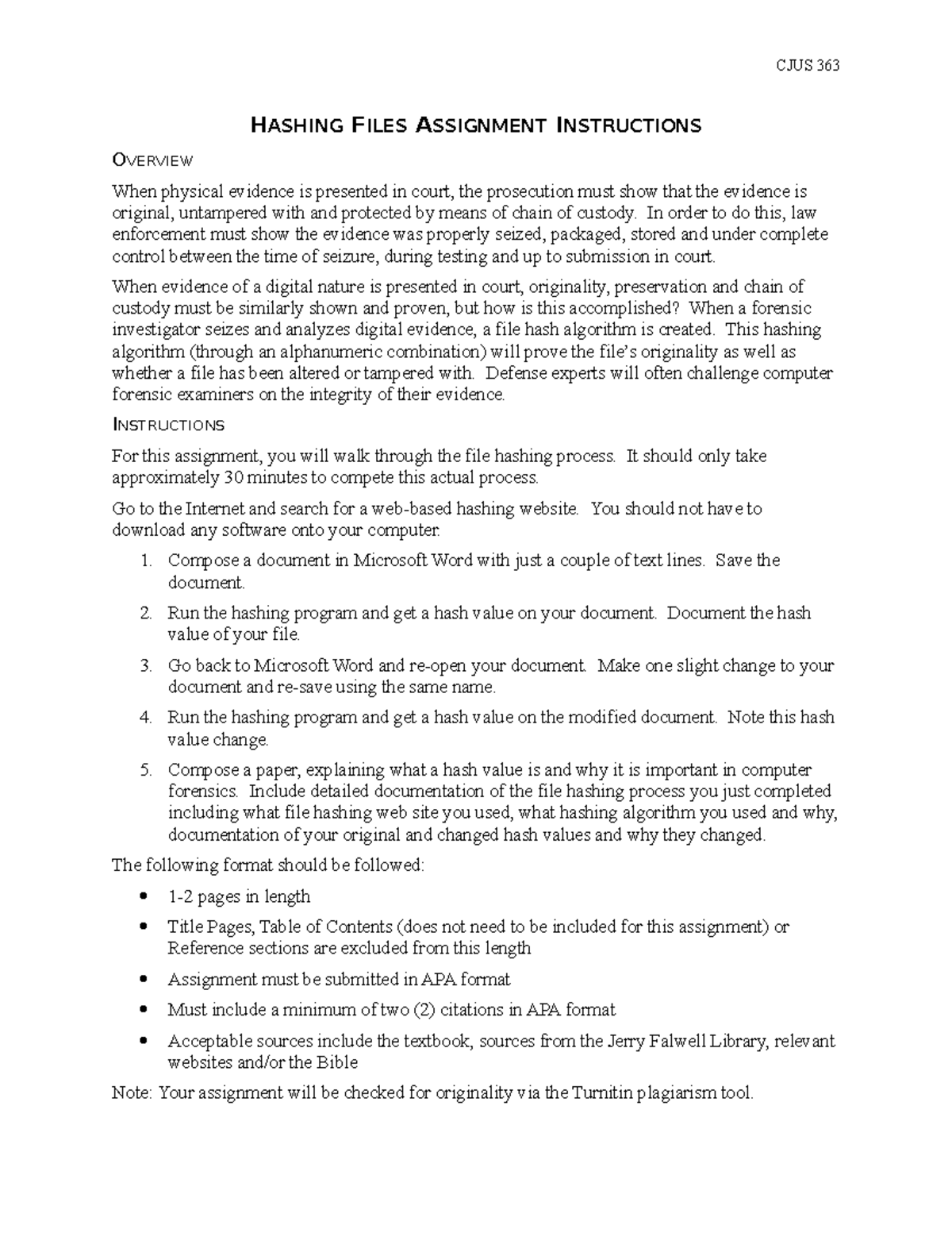 Hashing Files Assignment Instructions - CJUS 363 HASHING FILES ASSIGNMENT INSTRUCTIONS OVERVIEW ...