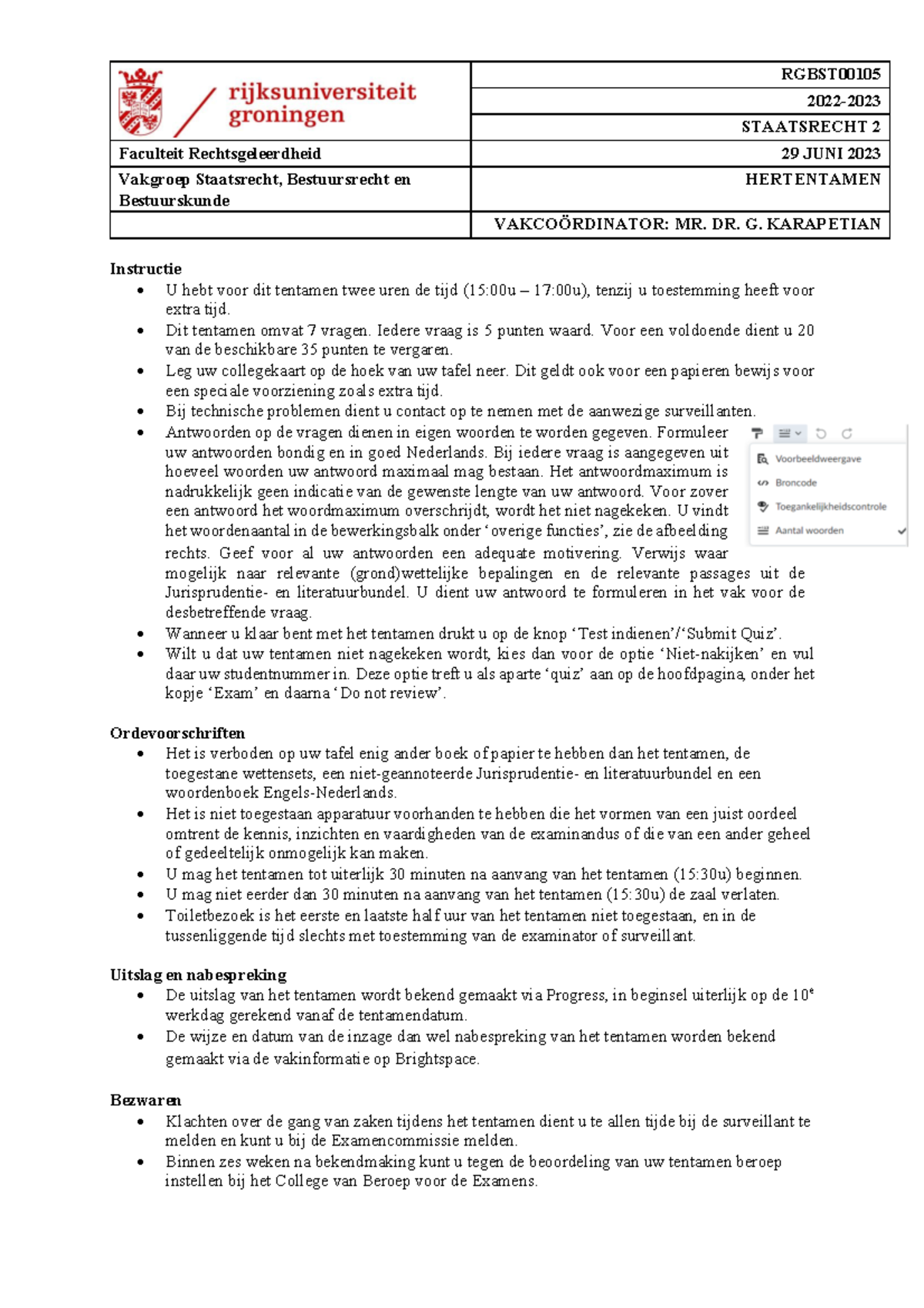 Voorblad Staatsrecht 2 tweede kans - Instructie - U hebt voor dit ...