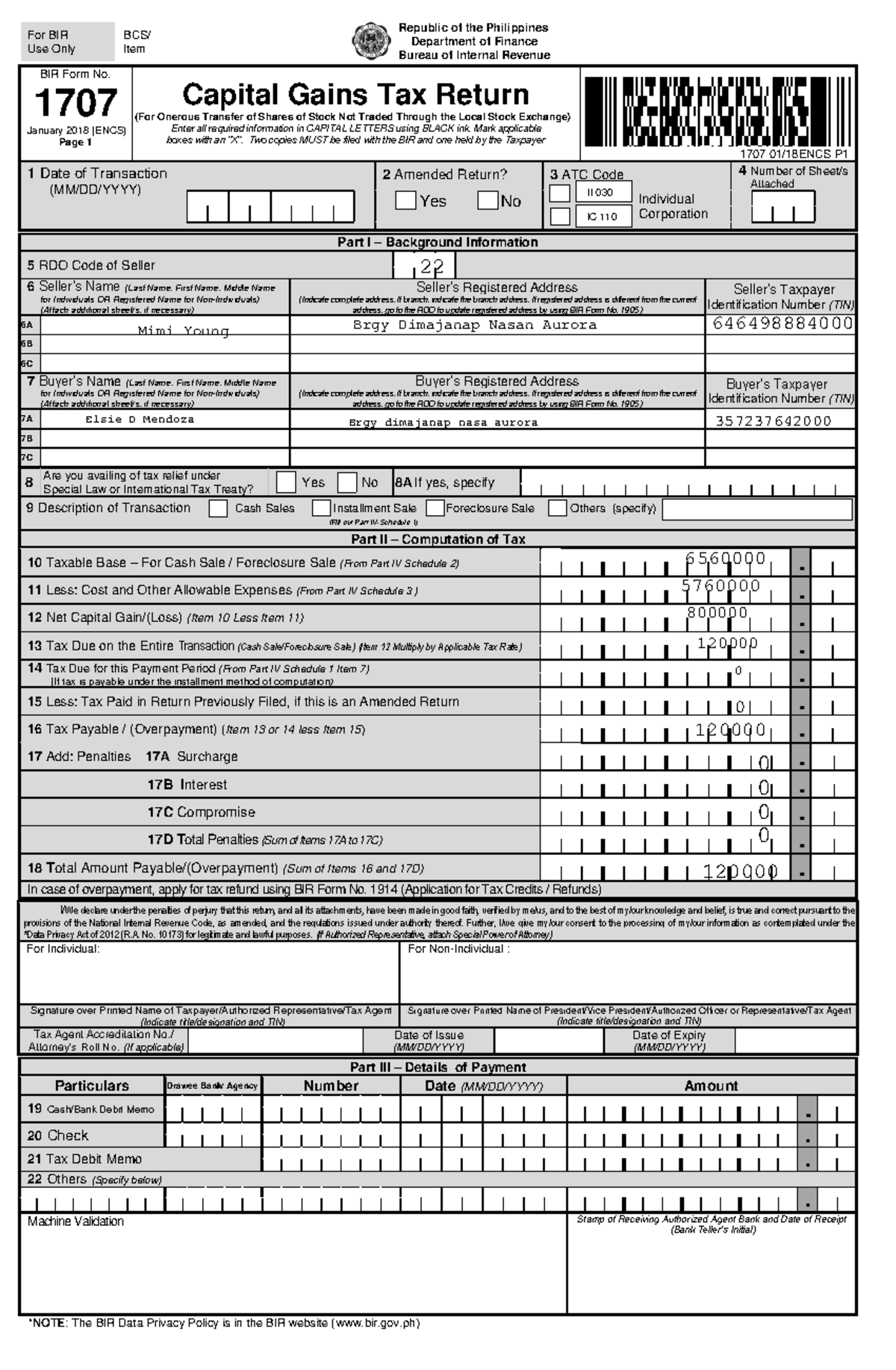 1707 Aug - Tax - For BIR Use Only BCS/ Item Republic of the Philippines ...
