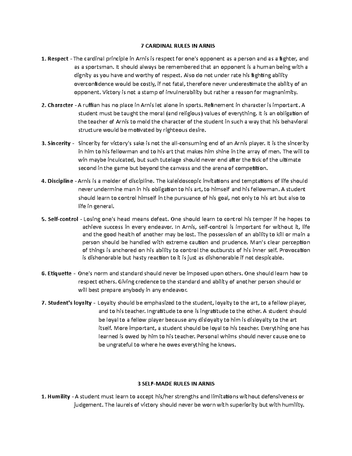 Cardinal Rules in Arnis - Education - Studocu