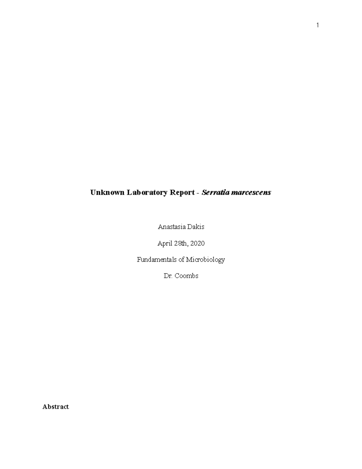 Microbio Unknown Report - Unknown Laboratory Report - Serratia ...