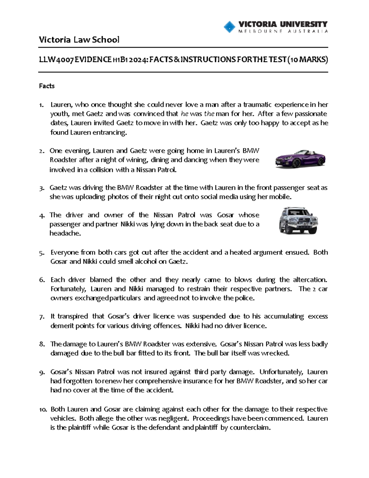 Facts for the Test - Victoria Law School LLW4007 EVIDENCE H1B1 2024 ...