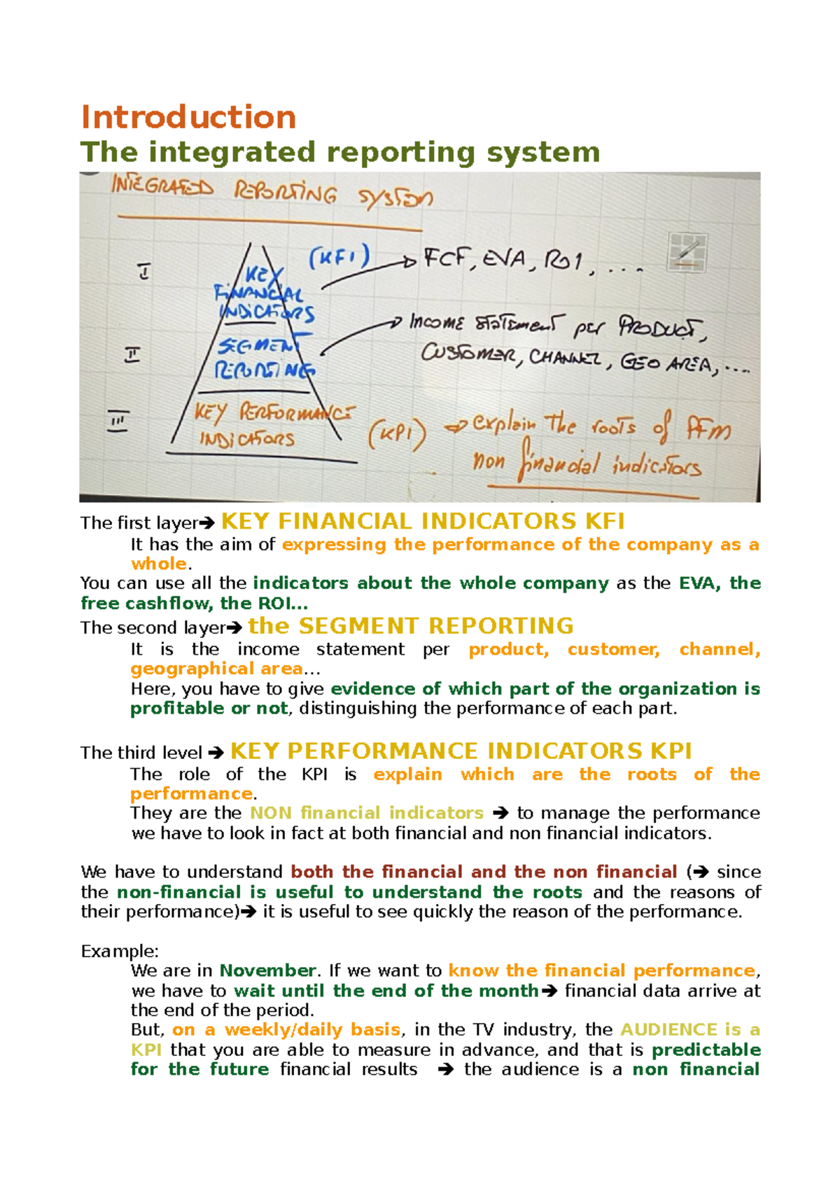 The balance scorecard - Introduction The integrated reporting system The first layer KEY ...