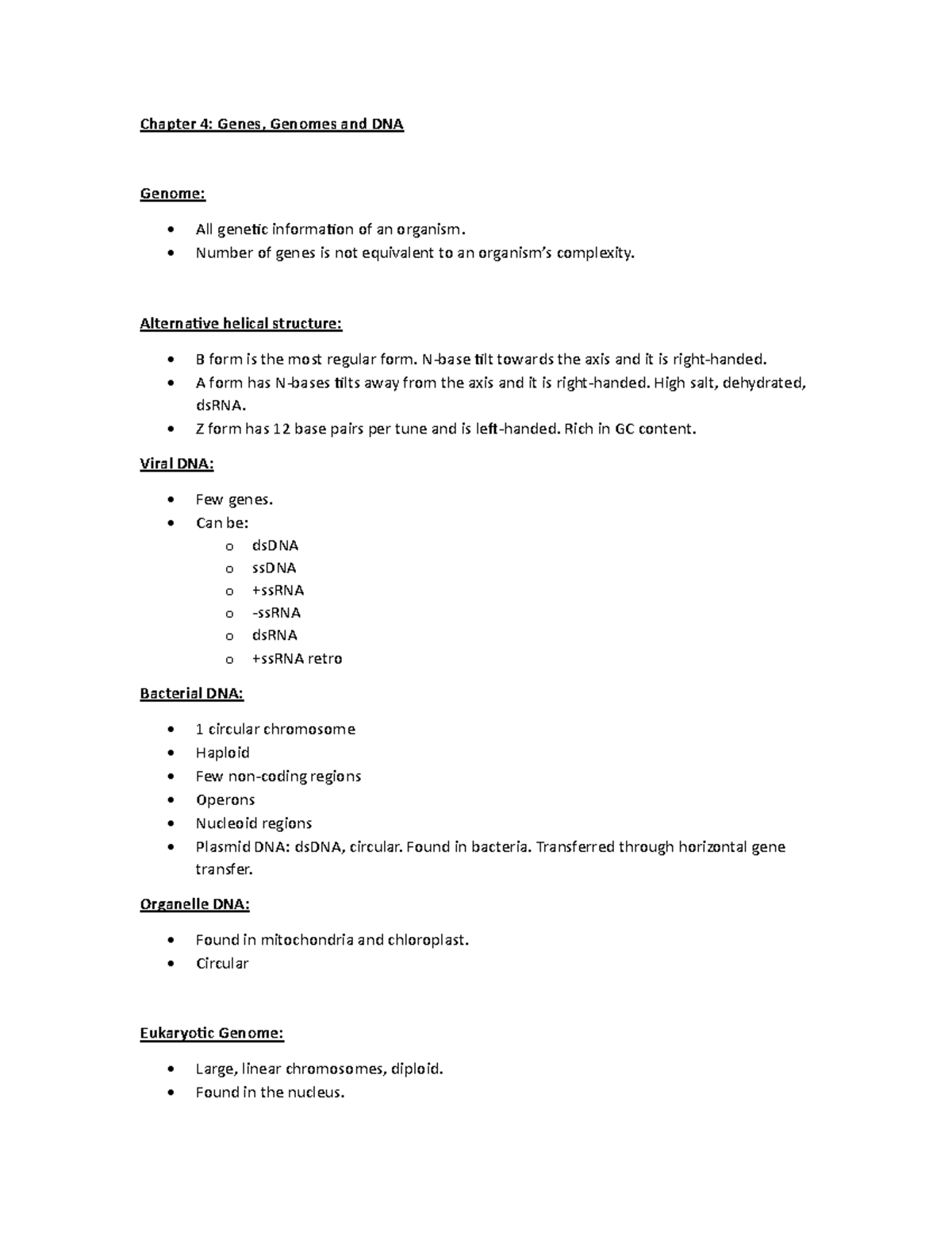 Chapter 4 BIOL 367 - lecture notes - Chapter 4: Genes, Genomes and DNA ...