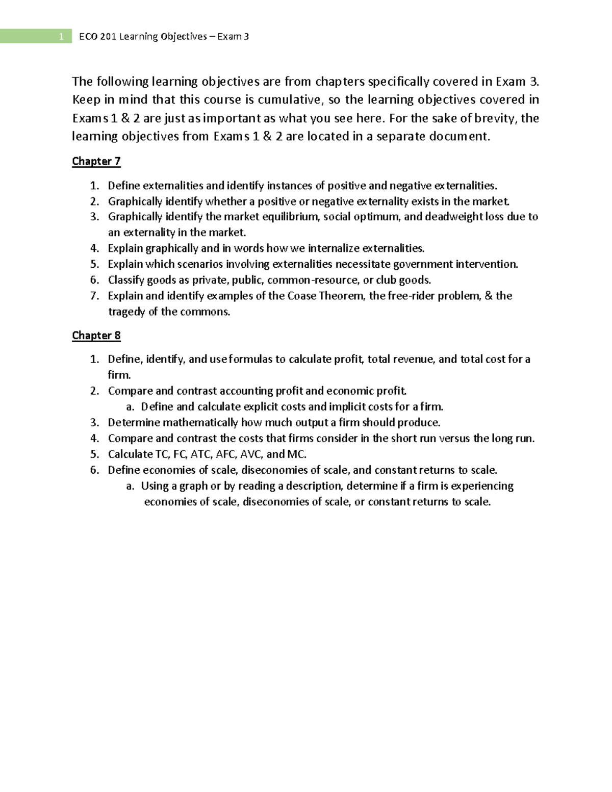 ECO 201 Fall 2022 Learning Objectives - Exam 3 - 1 ECO 201 Learning ...