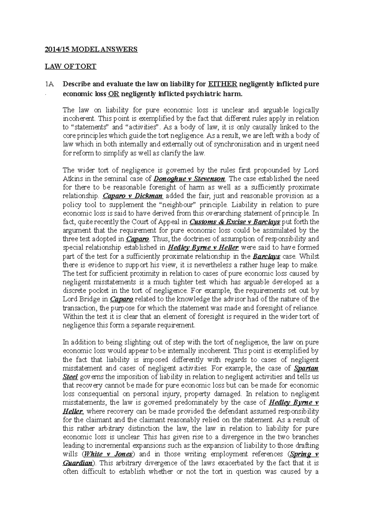 Tort 14-15 Exam Answers - 2014/15 MODEL ANSWERS LAW OF TORT 1A ...