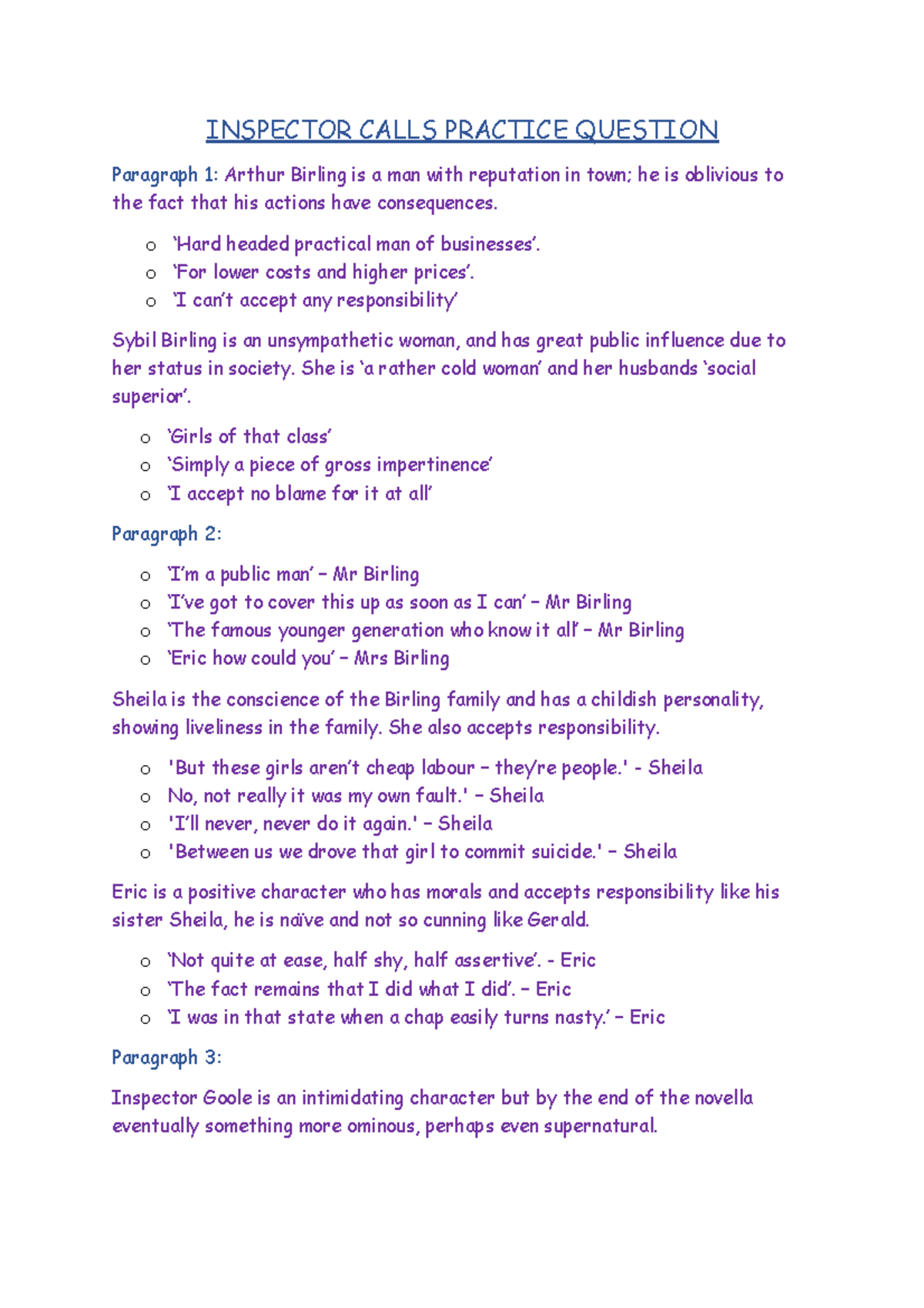 English Revision An Inspector Calls - INSPECTOR CALLS PRACTICE QUESTION ...