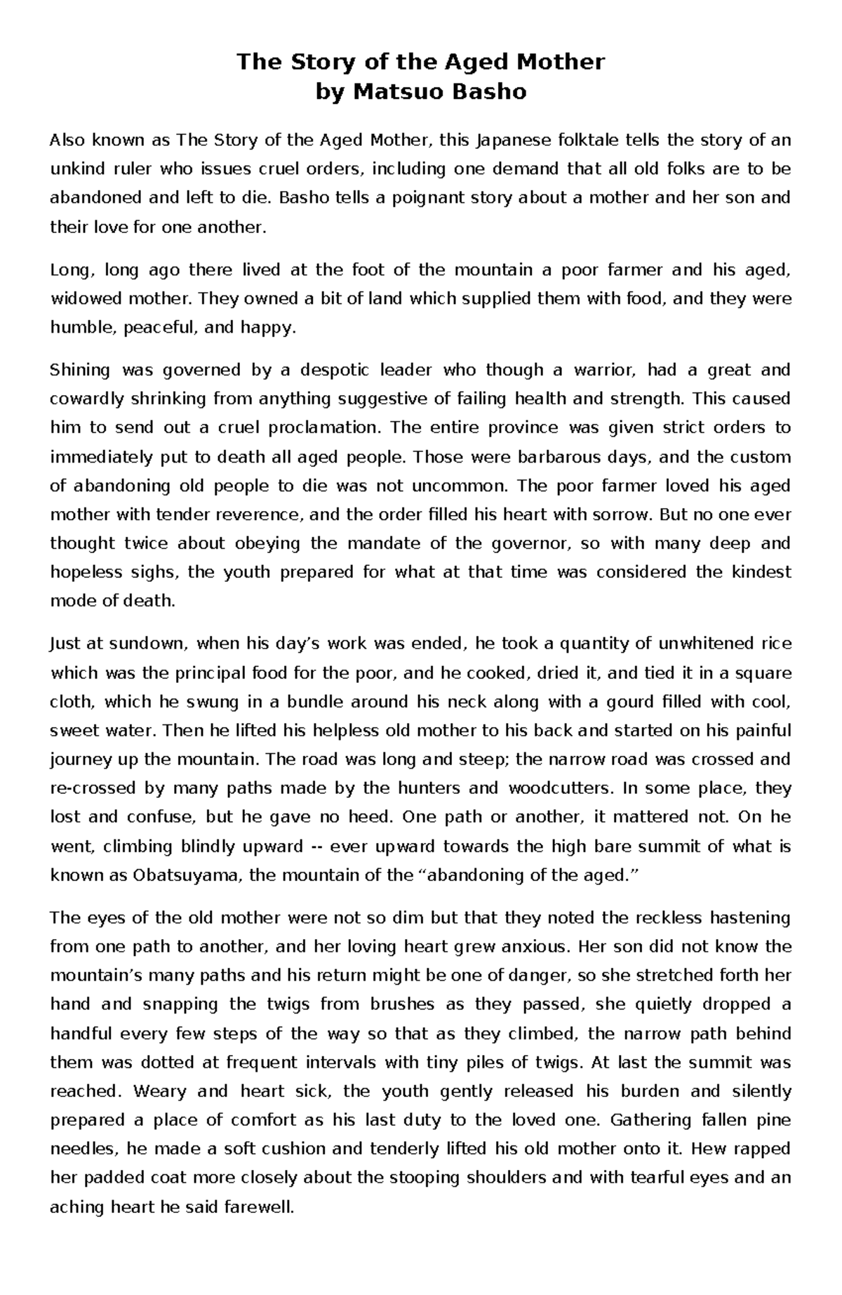 The Story of the Aged Mother - Basho tells a poignant story about a ...