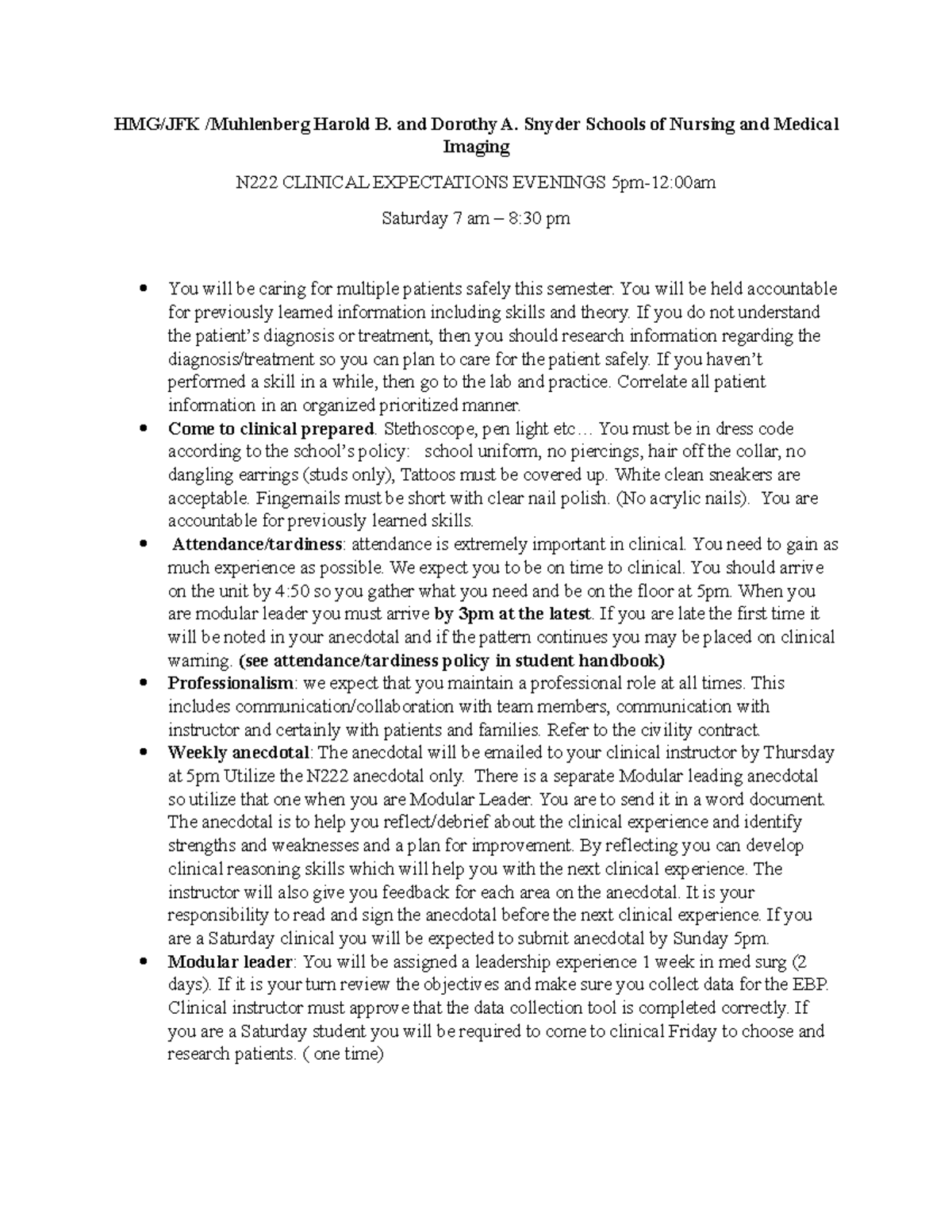 2021 clinical expectations evenings - HMG/JFK /Muhlenberg Harold B. and ...