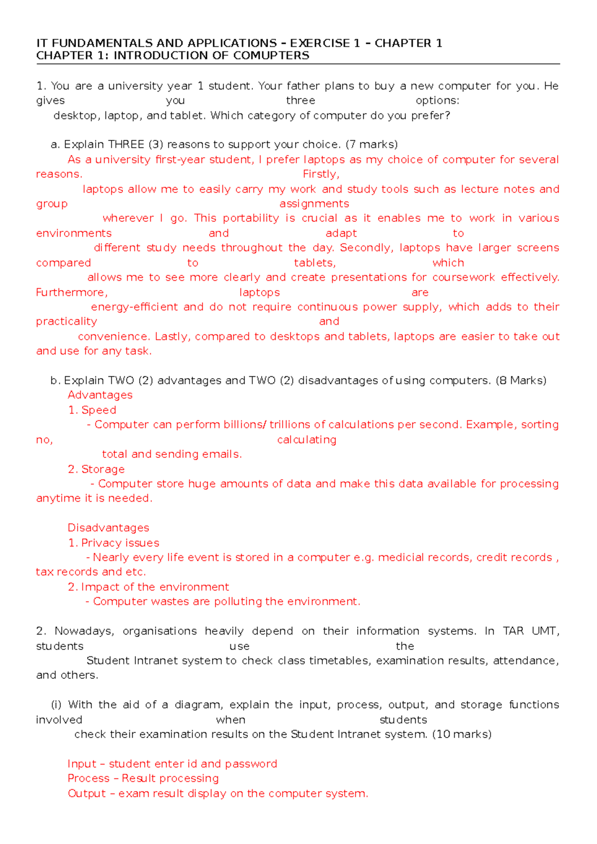 IT Tutorial - 111111 - IT FUNDAMENTALS AND APPLICATIONS – EXERCISE 1 – CHAPTER 1 CHAPTER 1 ...