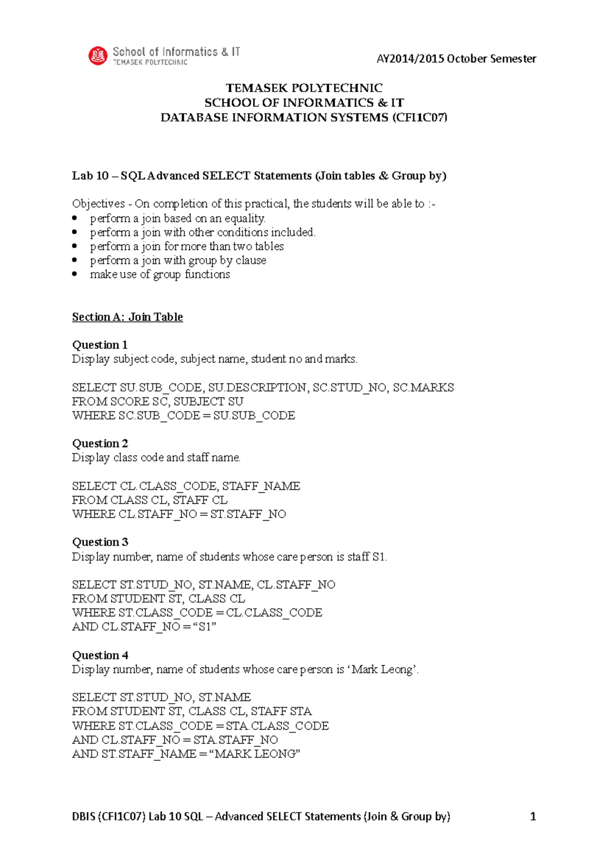 P10 SQL - Advanced Select Statements (Join tables & Group by) - TEMASEK ...