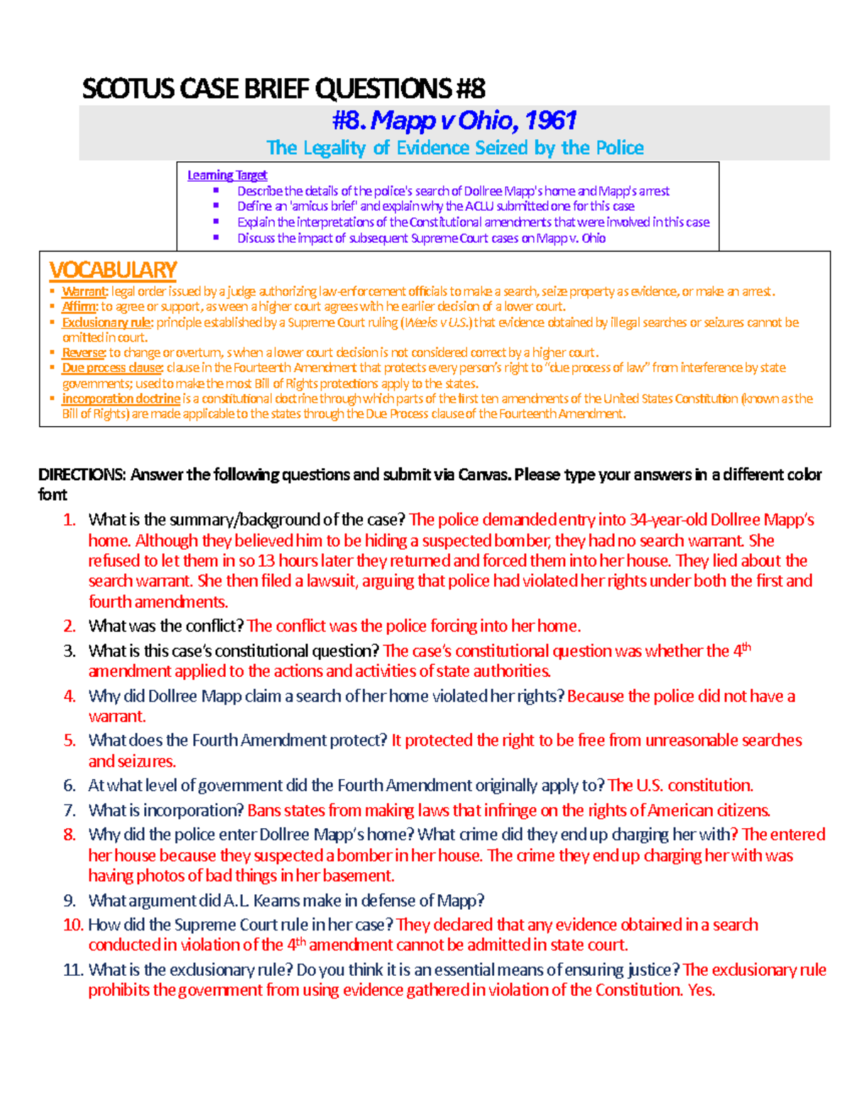 8B. Mapp v Ohio Scotus Ques 24-25-1 - SCOTUS CASE BRIEF QUESTIONS #8 ...