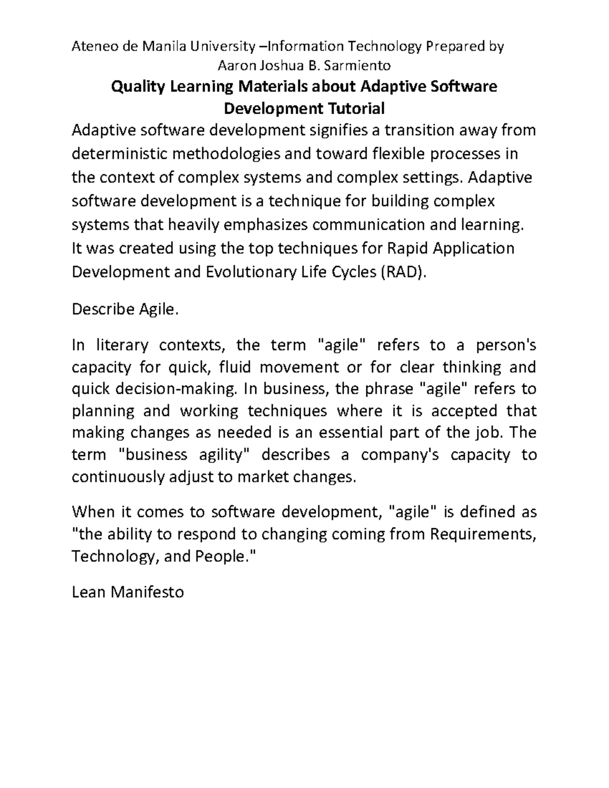 Quality Learning Materials About Adaptive Software Development Tutorial - Aaron Joshua B ...