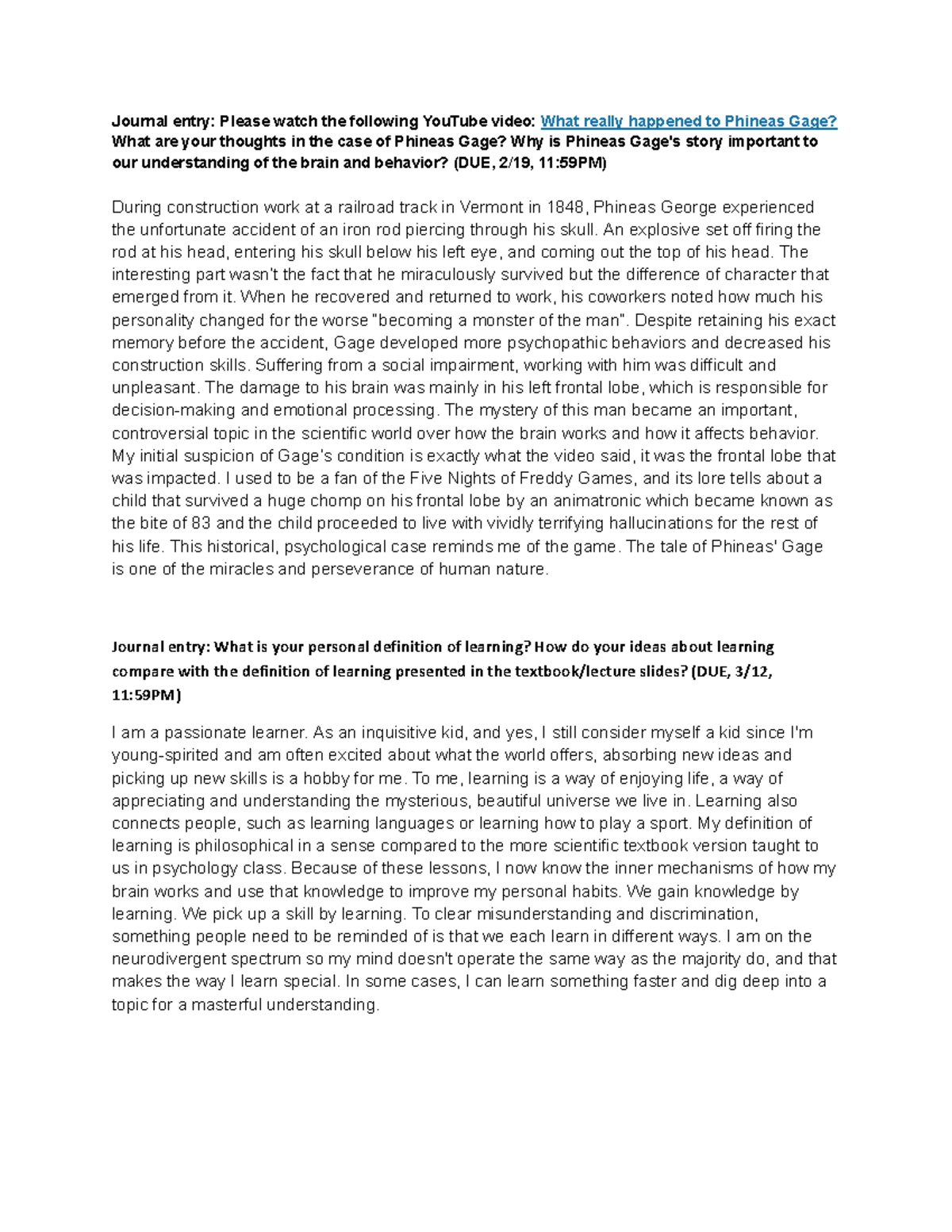 Psych journal - Journal entry: Please watch the following YouTube video ...