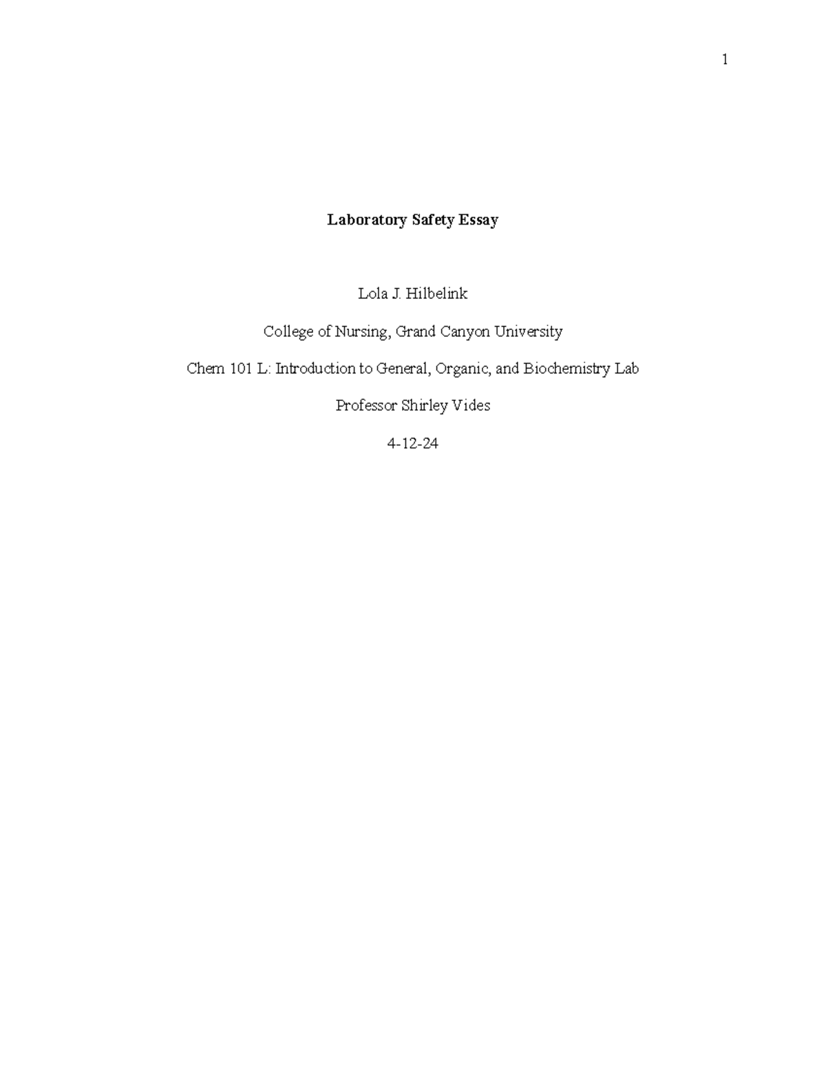 Laboratory safety - ESSAY OUTLINE - Laboratory Safety Essay Lola J ...