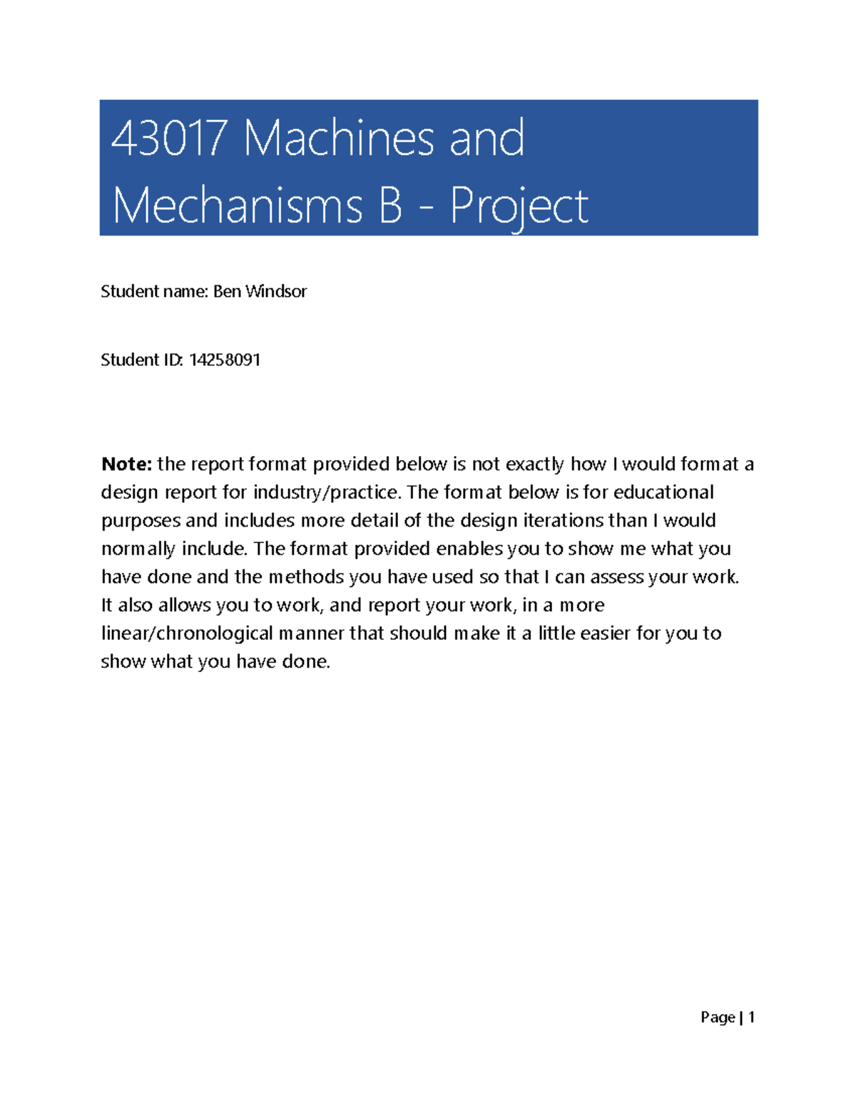 M and M project 14258091 - 43017 Machines and Mechanisms B - Project ...