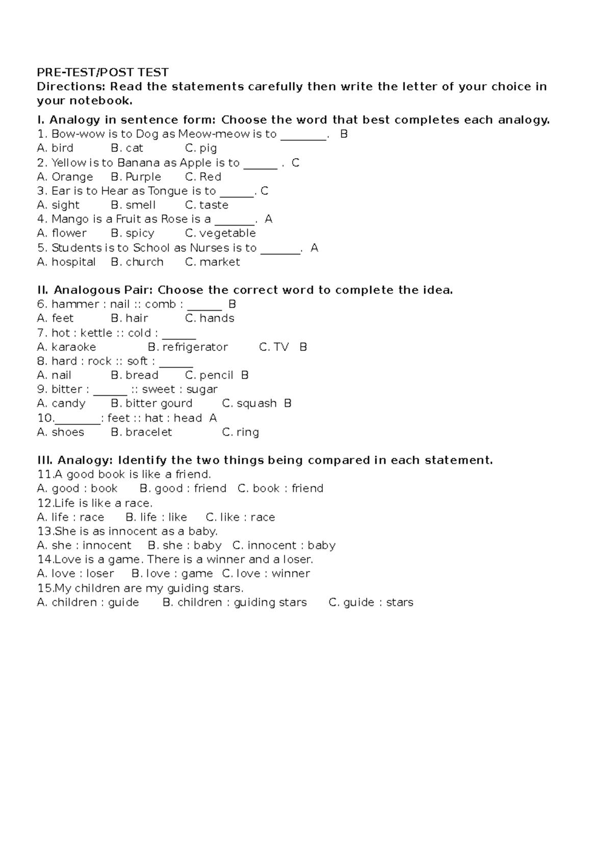 Analogy Pretest - PRE-TEST/POST TEST Directions: Read the statements ...