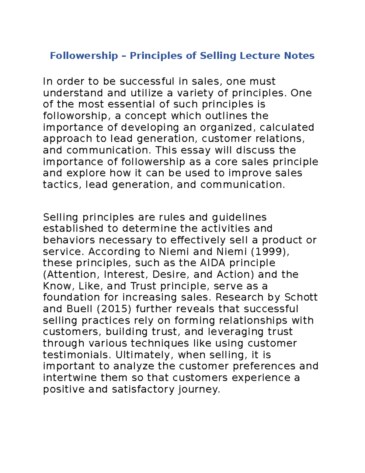 Followership – Principles of Selling Lecture Notes - One of the most ...