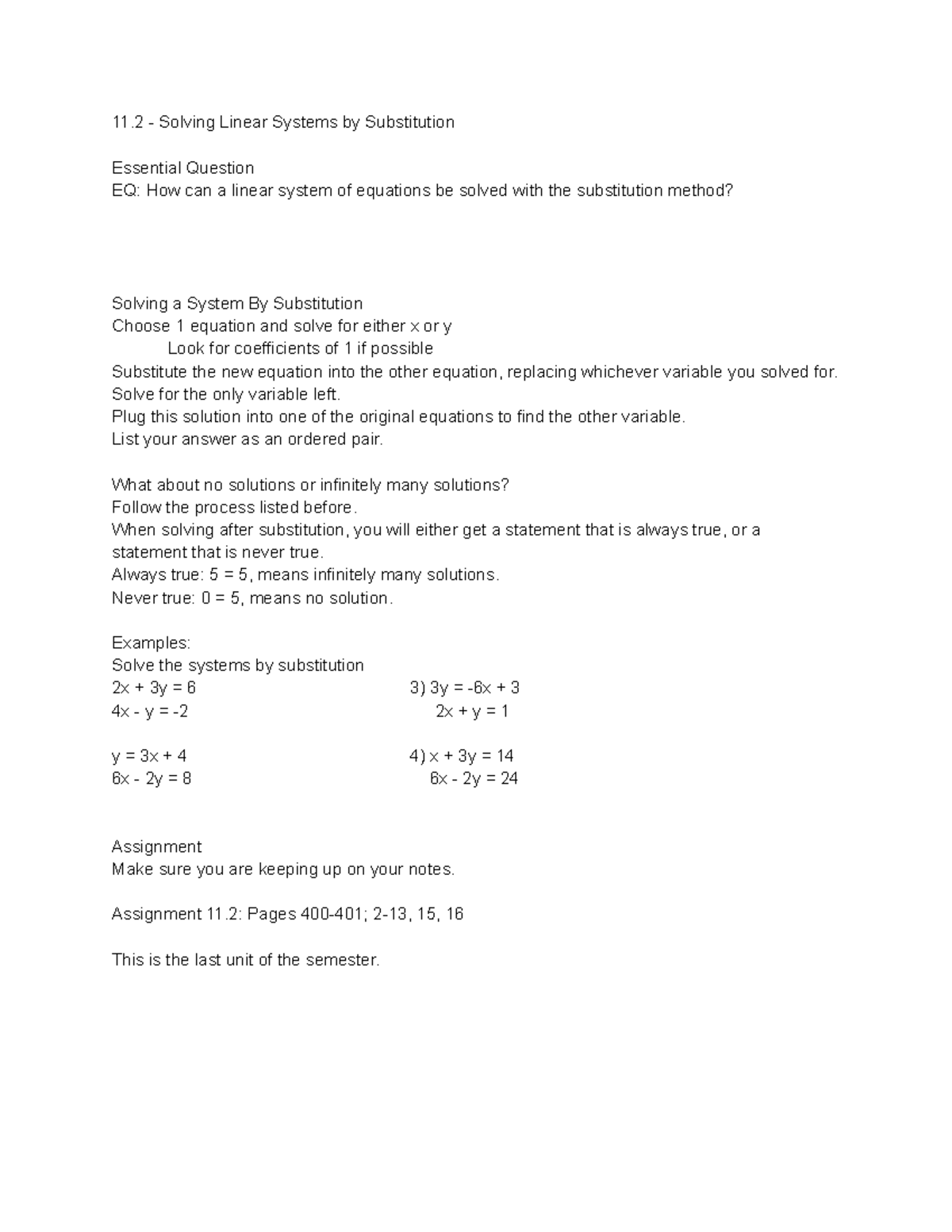 Copy Of 11 2 Solving Linear Systems By Substitution 11 Solving Linear Systems By