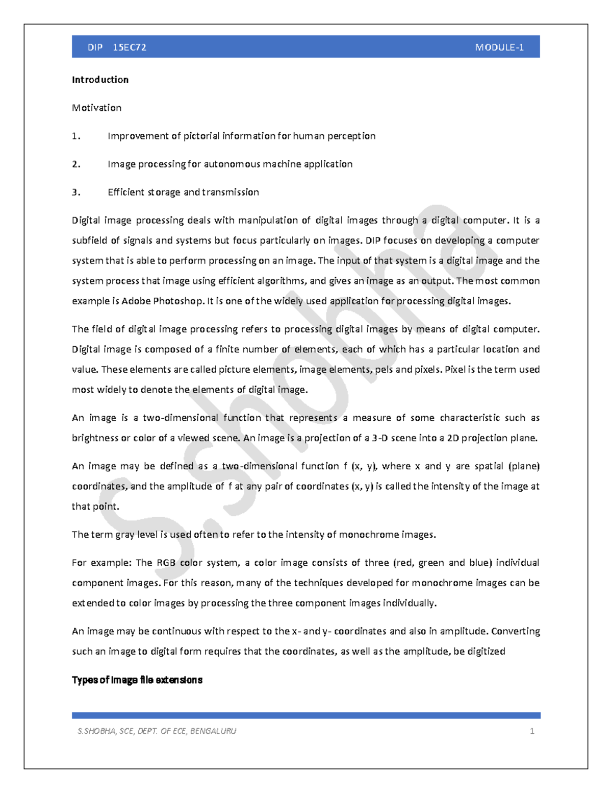 DIP-unit-1 v2 - Lecture notes 1-3, components of image filtering ...