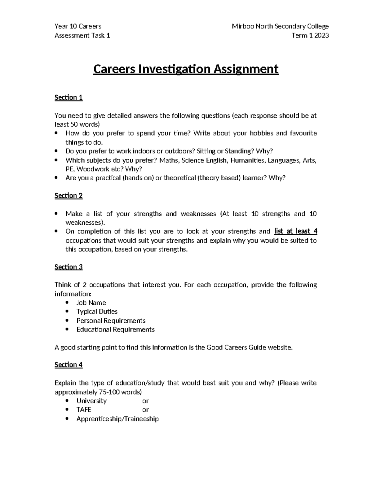 Career investigation updated 2023 - Year 10 Careers Mirboo North ...