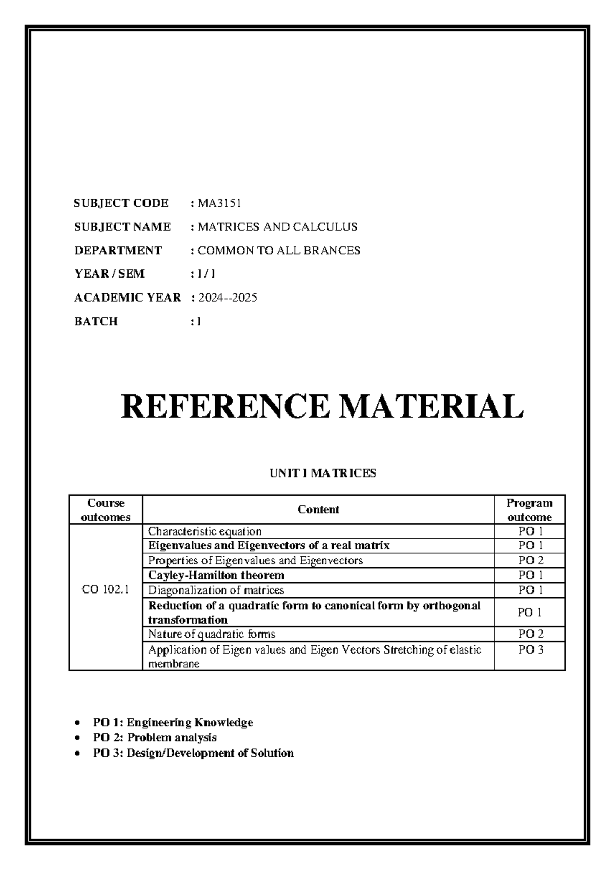 Matrices RB - Info - SUBJECT CODE : MA 3151 SUBJECT NAME : MATRICES AND ...