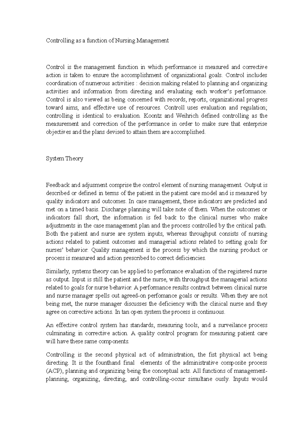 Adoc - controlling in nursing management - Controlling as a function of ...