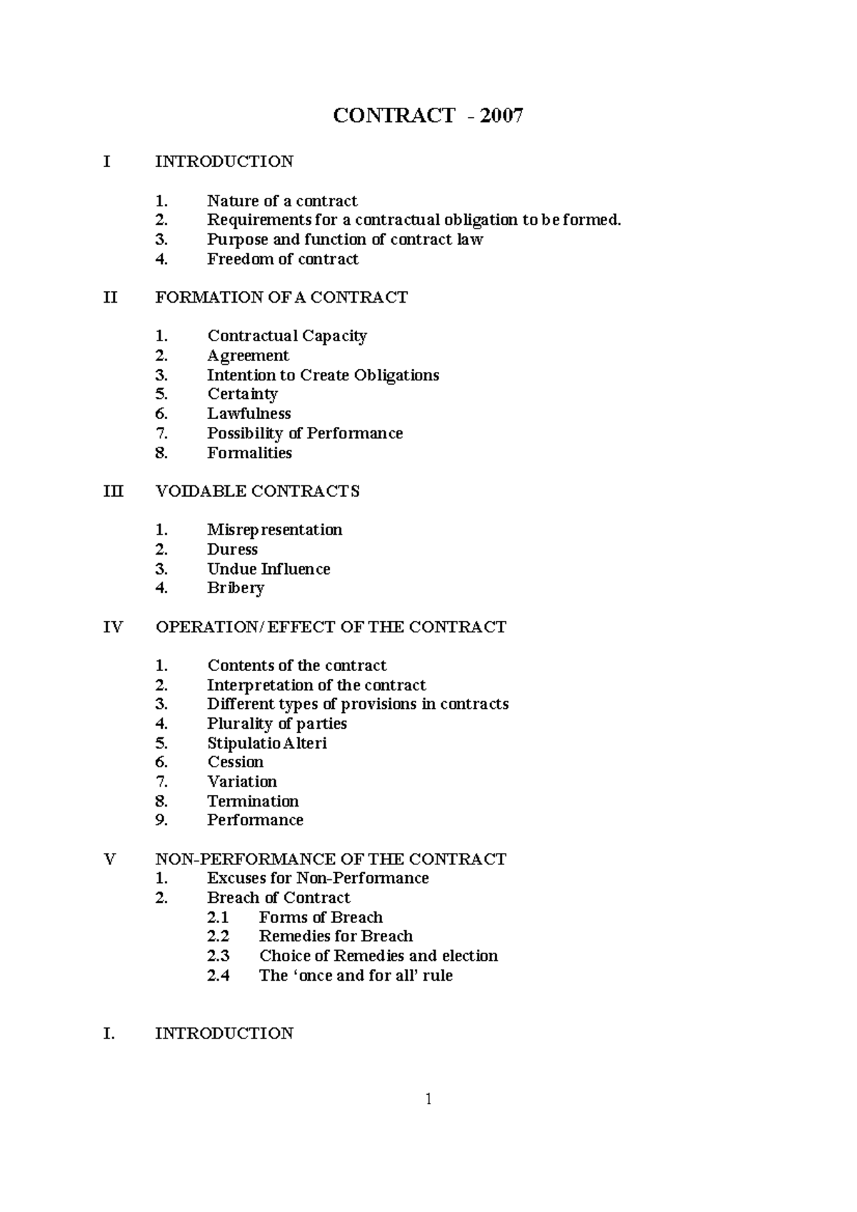 Contractnotescomplete notes - CONTRACT - 2007 I INTRODUCTION Nature of ...