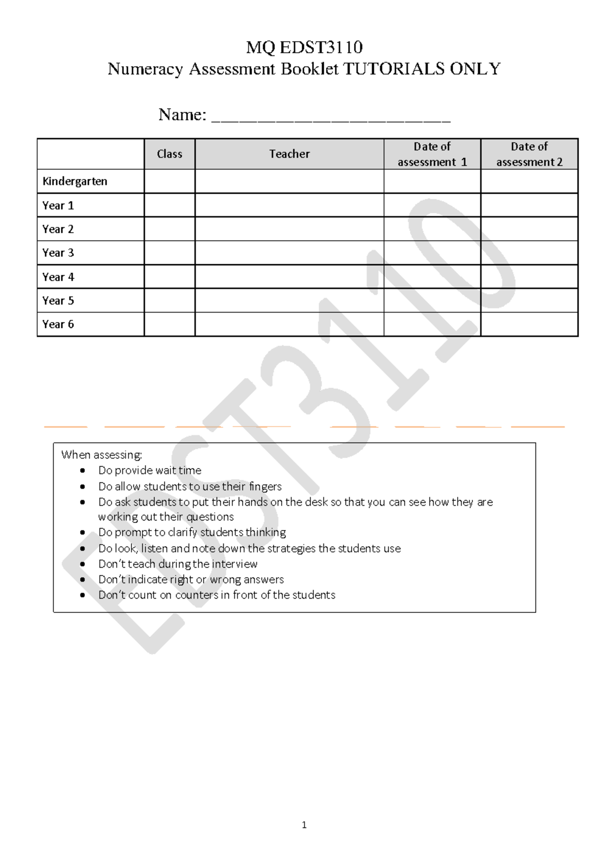 EDST3110 Numeracy Assessment Book All Aspects - MQ EDST Numeracy ...