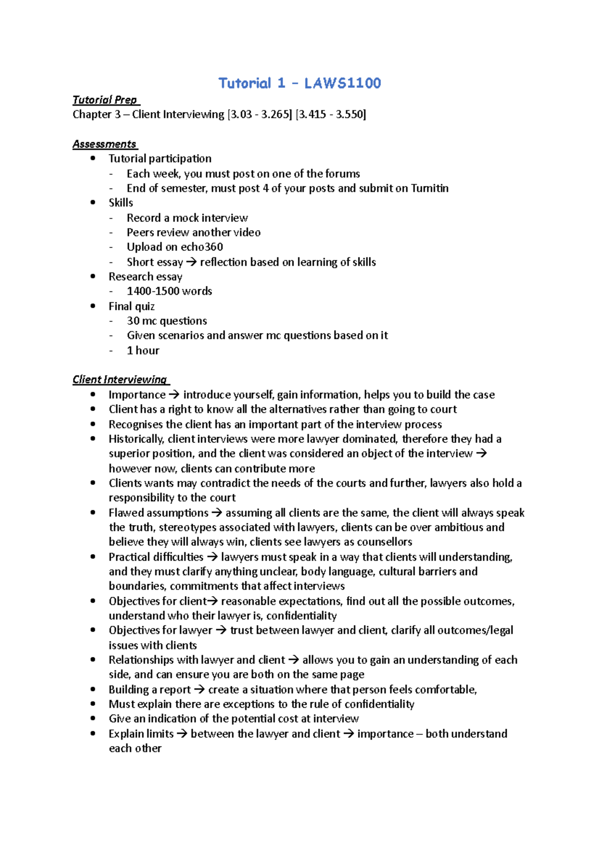 Tutorial 1 - Tutorial 1 – LAWS Tutorial Prep Chapter 3 – Client Interviewing [3 - 3] [3 - 3 ...