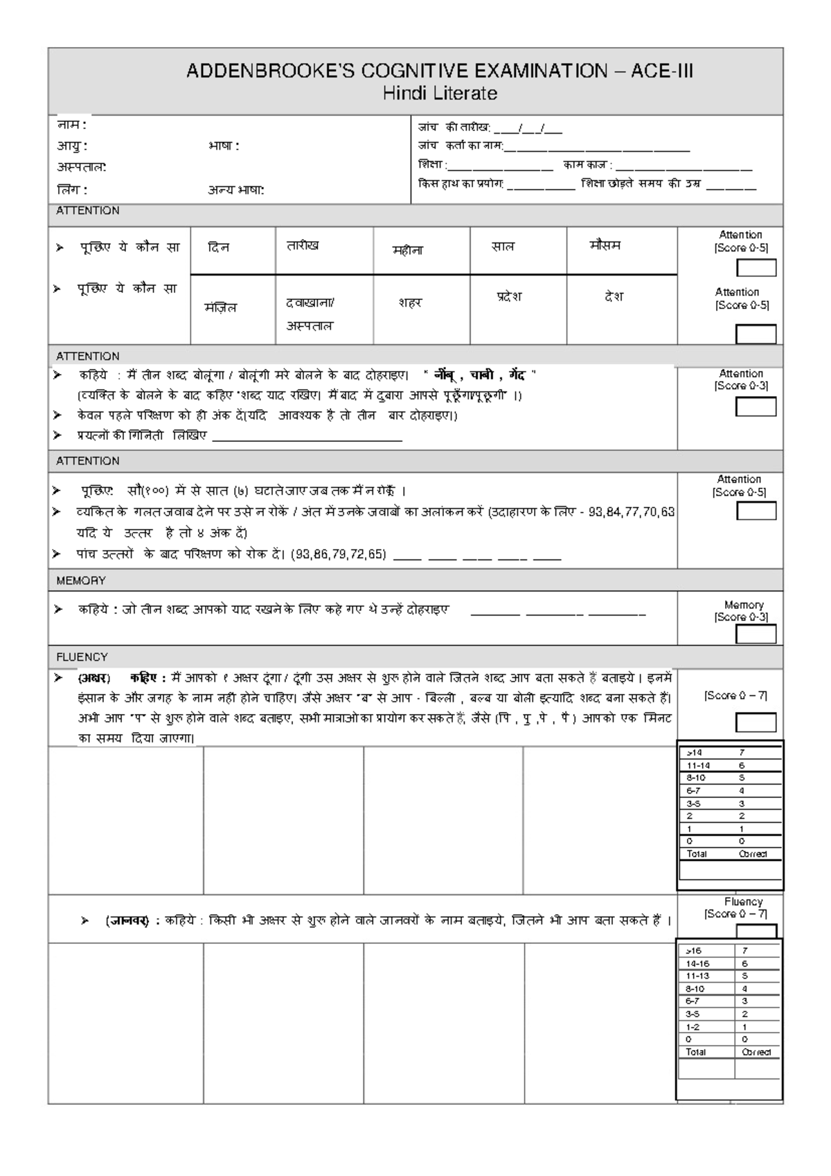 ACE III Hindi Literate Version - ADDENBROOKE’S COGNITIVE EXAMINATION ...