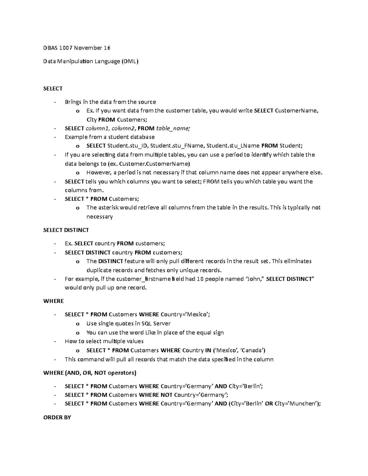 DBAS 1007 November 16 - DBAS 1007 November 16 Data Manipulation ...